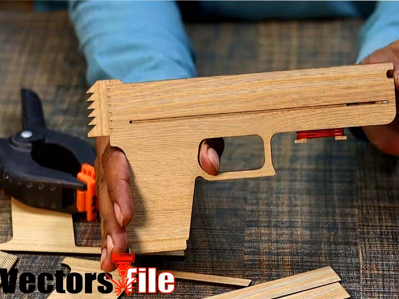 Laser Cut Mechanical Rubber Band Toy Gun Wooden Model Kit | Vectors File