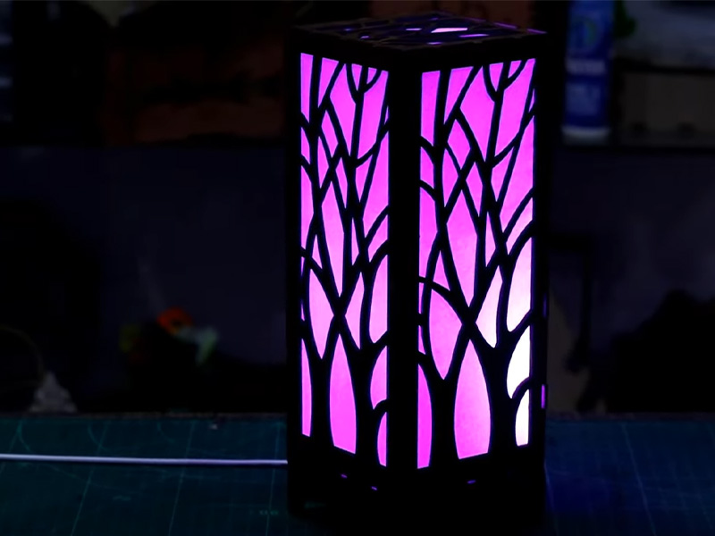 Laser Cut Tree Pattern Square Wooden Table Lamp Design | Vectors File