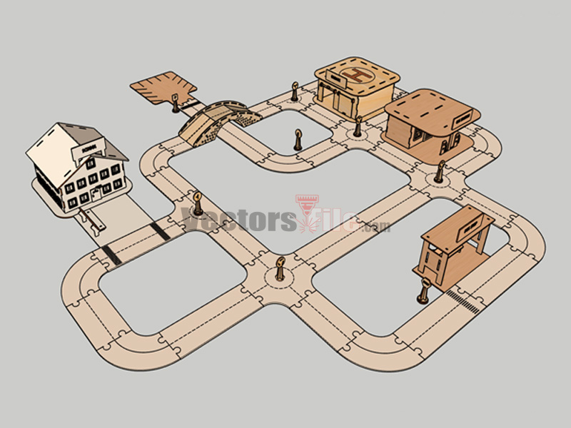 Laser Cut 3D Town Bundle City Road Track Puzzle Toy Kit Model | Vectors ...
