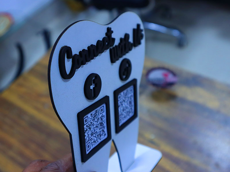 Laser Cut Tooth Shape QR Code Stand Connect With Us Social Media ...