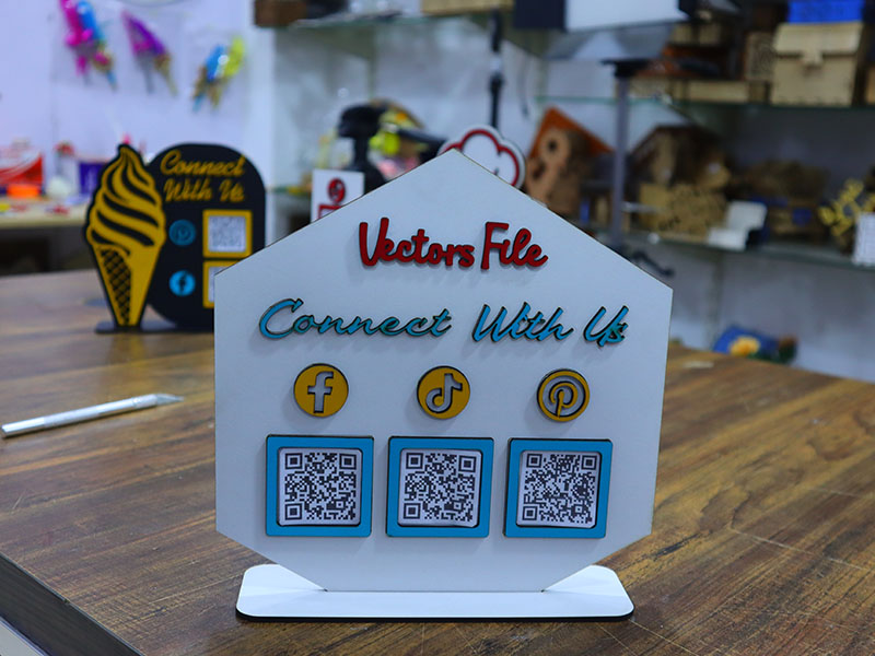 Laser Cut Hexagonal QR Code Stand for Business Display | Vectors File